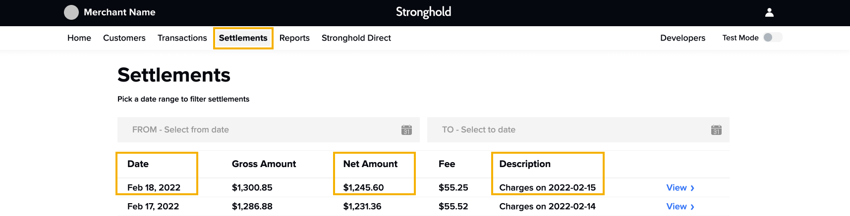 Support | Settlement Tab